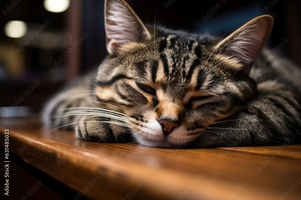 A close-up shot of a sleeping cat in a zen-like position, capturing its ...