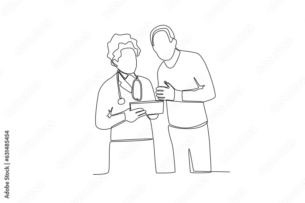 Continuous single line drawing of a female doctor showing medical test ...