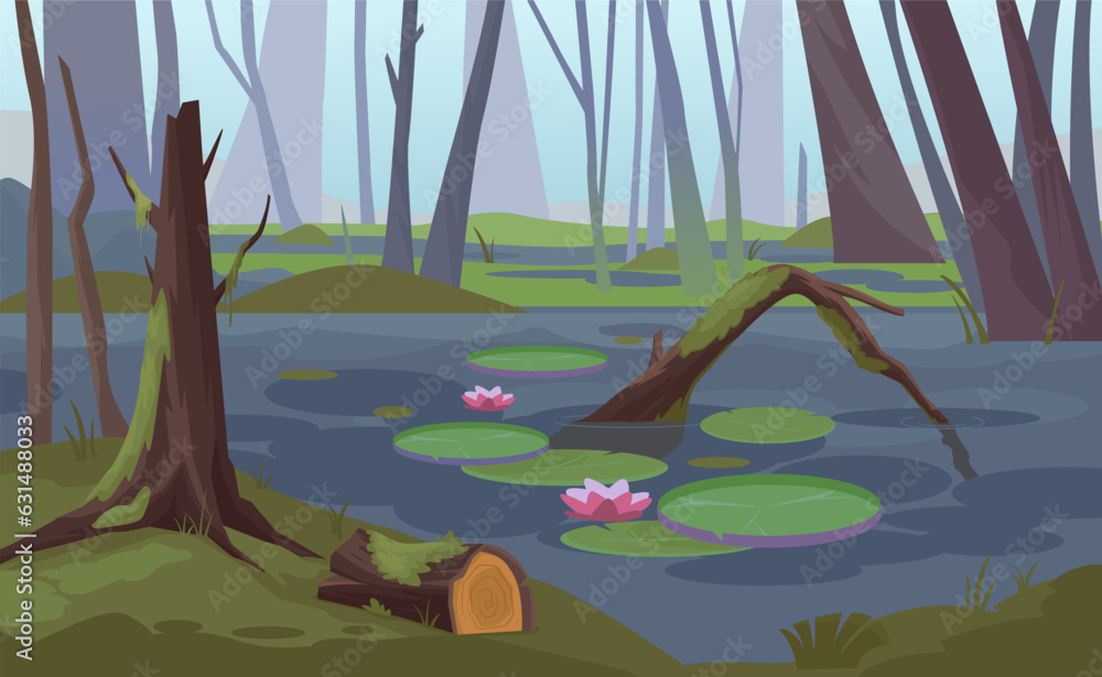 swamp in forest background. fantasy lake with water lilies and marsh ...