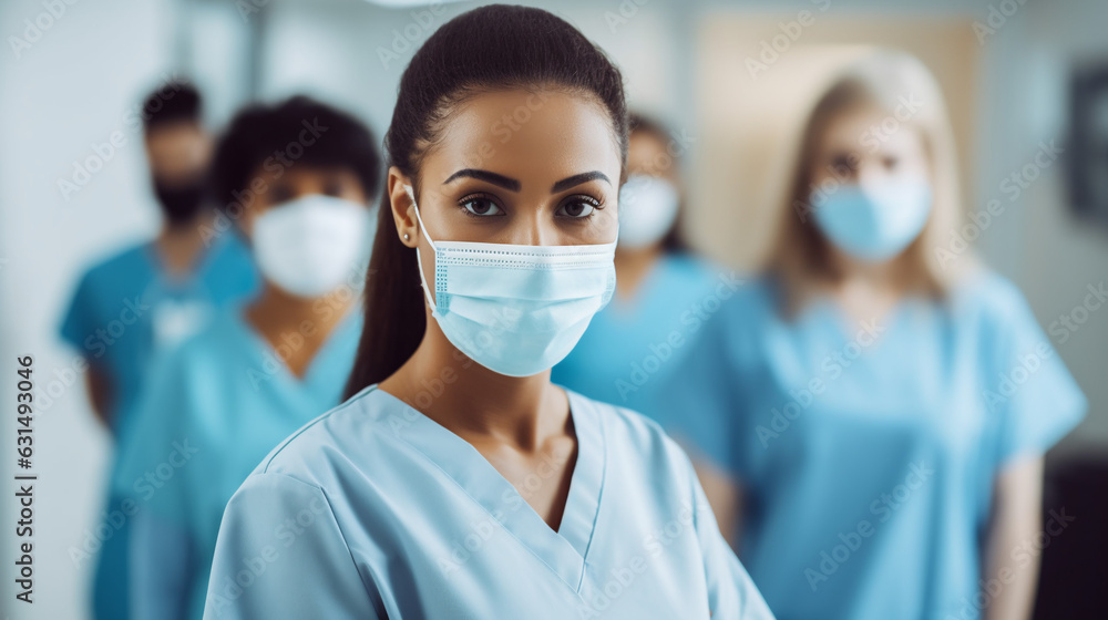 Medical staff in a hospital wearing masks, a confident nurse or doctor ...