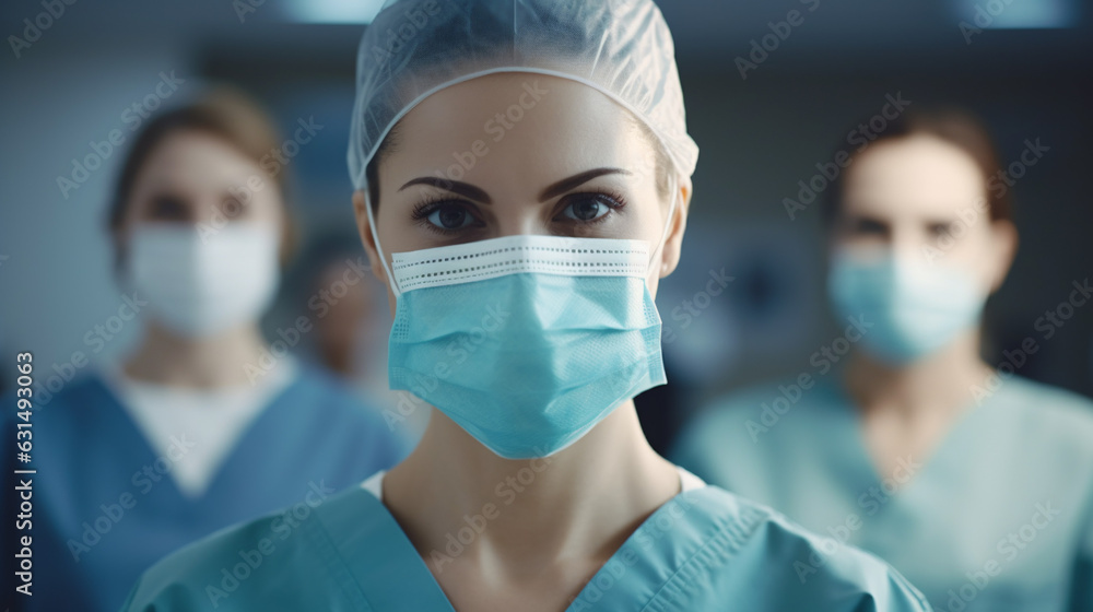 Medical staff in a hospital wearing masks, a confident nurse or doctor ...
