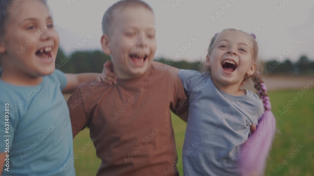 team children hugging jumping shouting rejoice success. happy family ...