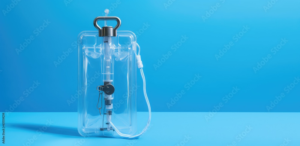 IV infusion saline bag with liquid inside isolated on flat blue ...