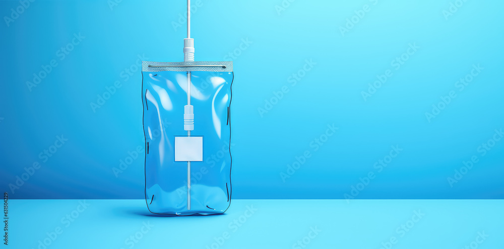 IV infusion saline bag with liquid inside isolated on flat blue ...