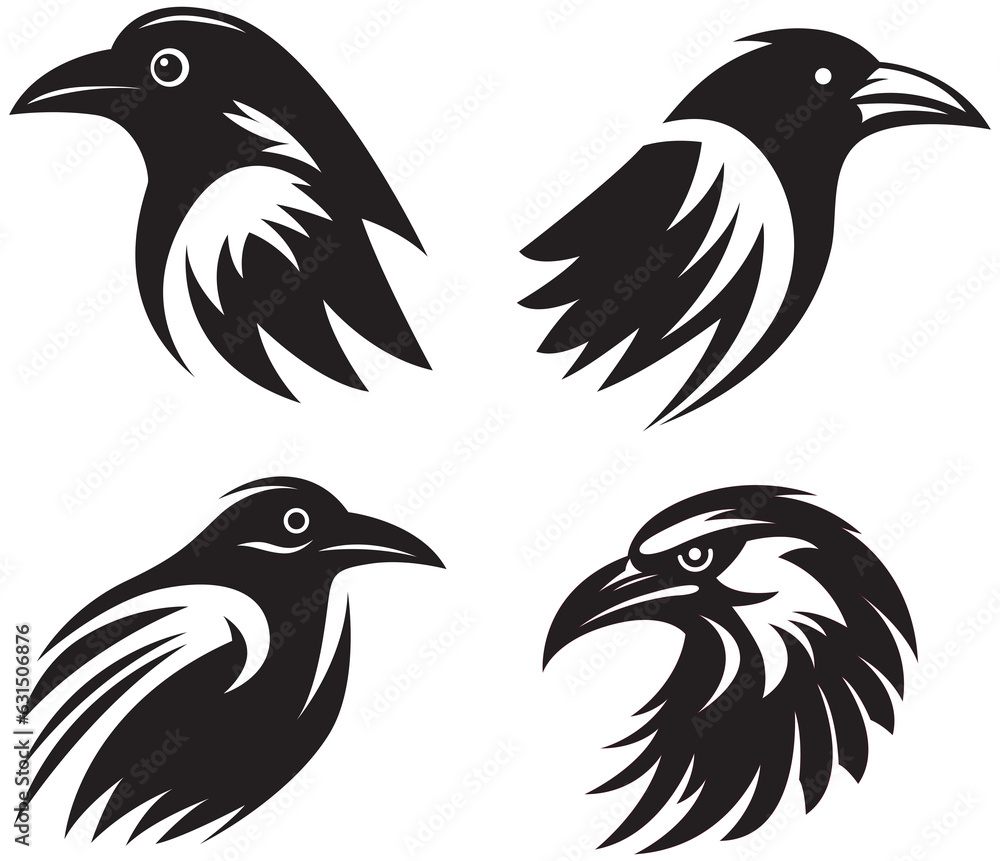 Heads of crow abstract character illustrations. Graphic logo of birds ...