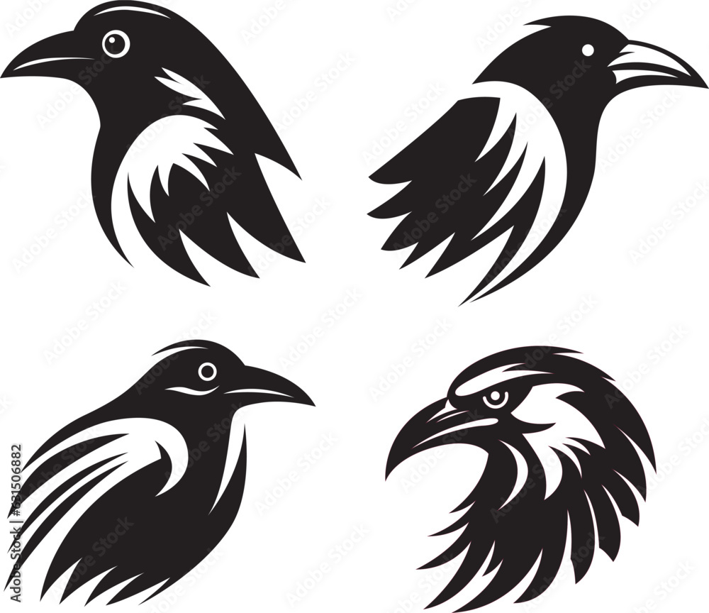 Heads of crow abstract character illustrations. Graphic logo of birds ...