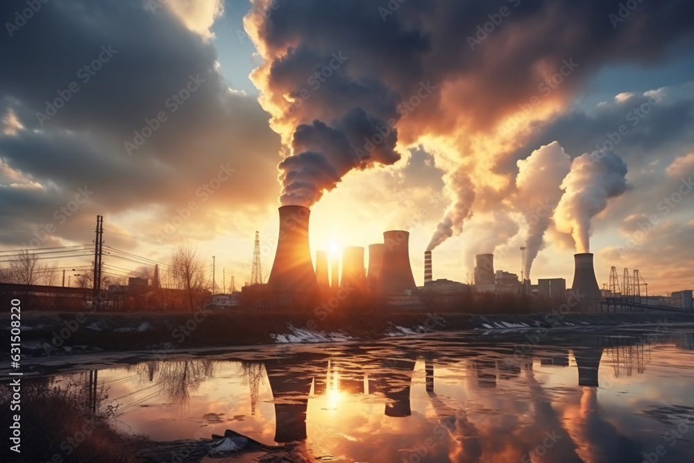 Foto de Industrial factory tall smokestacks released smoky emissions ...