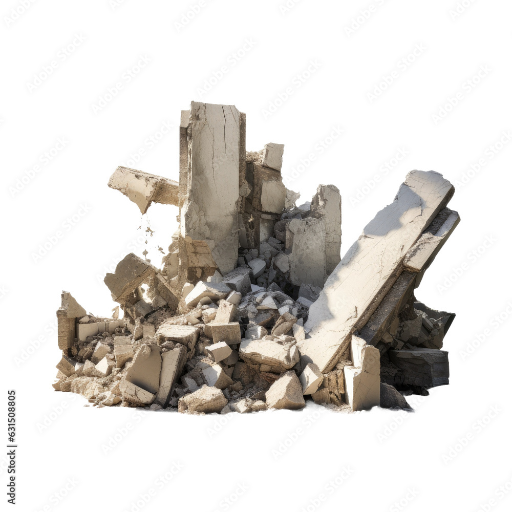 Destroyed building fragments with sunlit concrete, a prominent beam ...