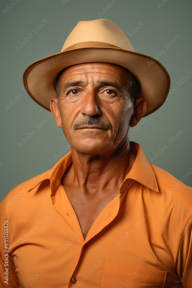 portrait of older tanned man with orange shirt and panama hat isolated ...