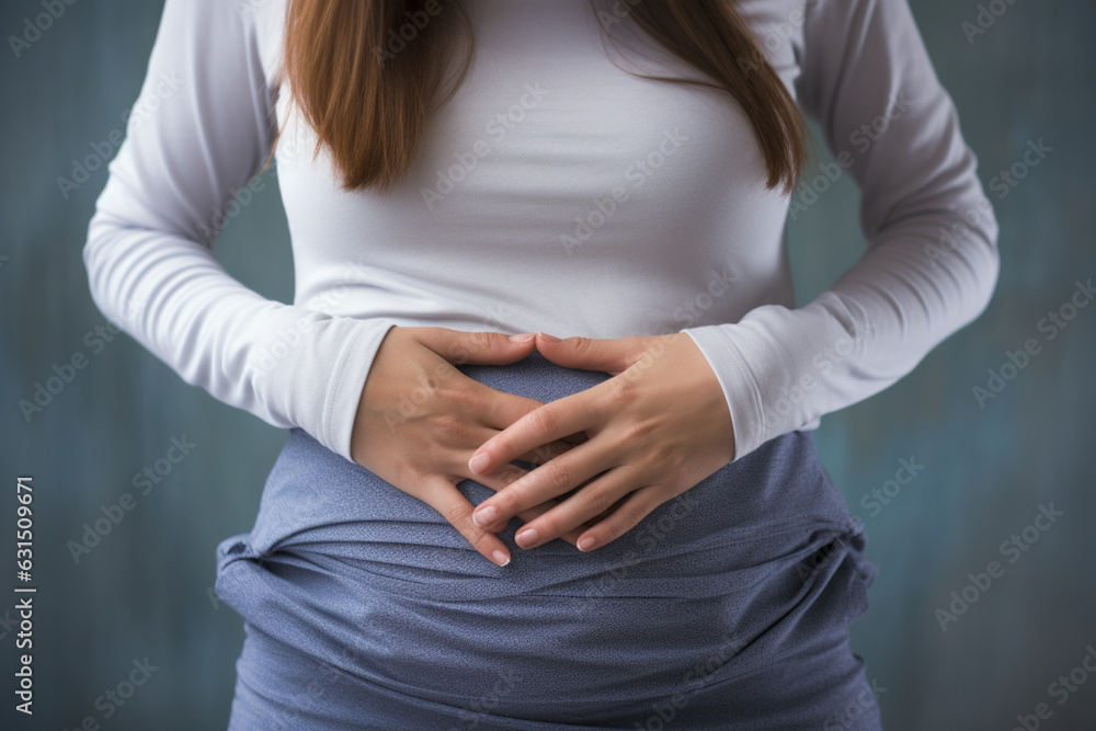 Unrecognizable young woman holding her stomach with both hands ...