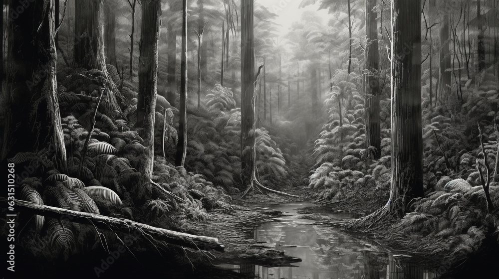 Hand drawn illustration using pencil medium of a forest with a small ...