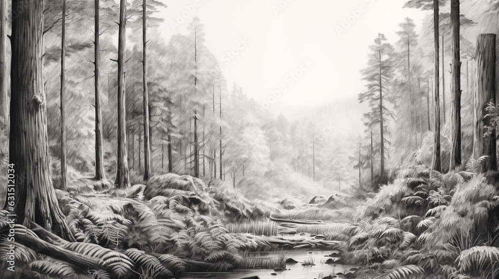 Hand drawn illustration using pencil medium of a forest with a small ...