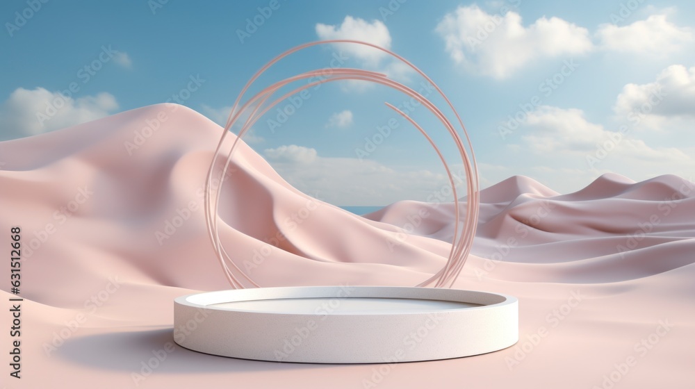 3d render abstract platform podium on water and waving curtains ...