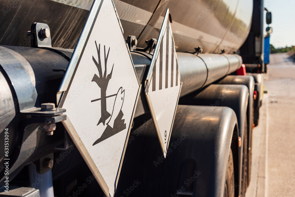 Danger labels on a tanker truck for dangerous goods, indicative of ...