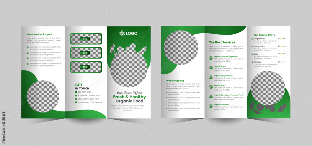 Vetor de Bio food trifold brochure template or organic food trifold ...