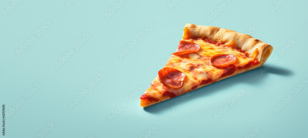 Triangular slice of pepperoni cheese pizza isolated on flat blue ...