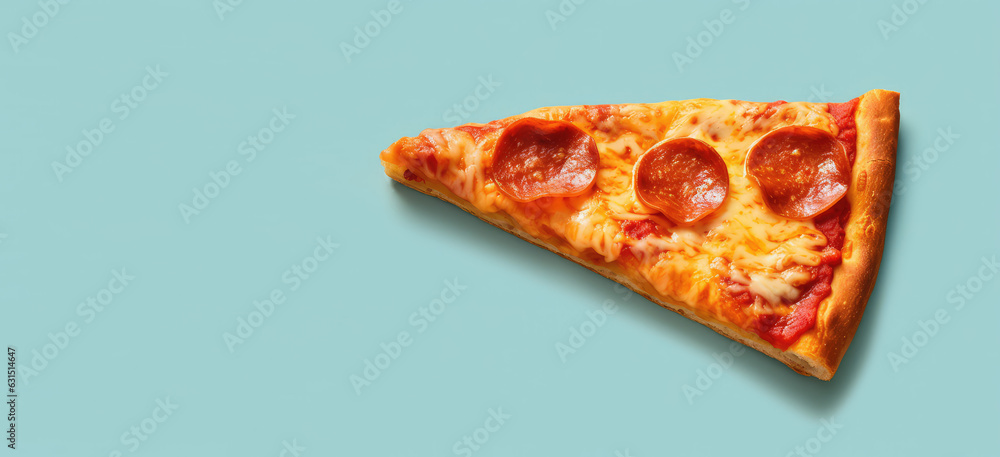 Triangular slice of pepperoni cheese pizza isolated on flat blue ...