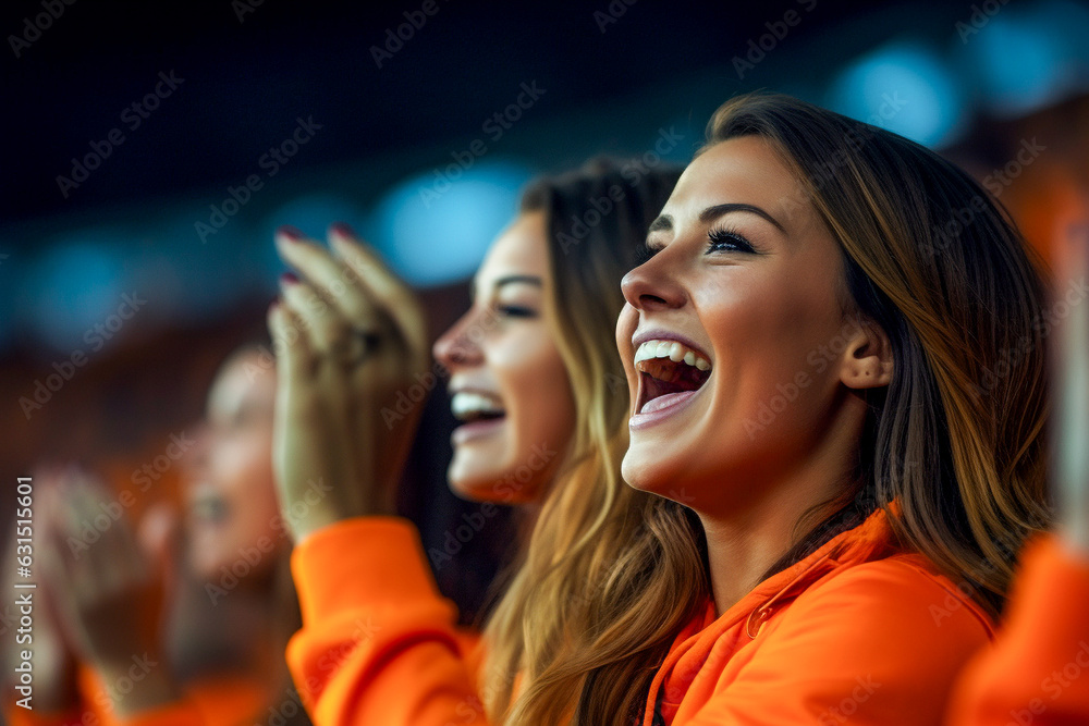 Dutch female football soccer fans in a World Cup stadium supporting the ...