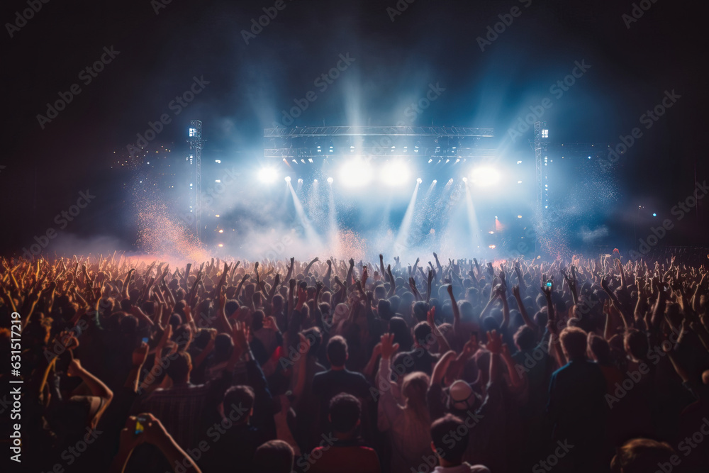 A large concert crowd with their hands raised in front of stage. People ...