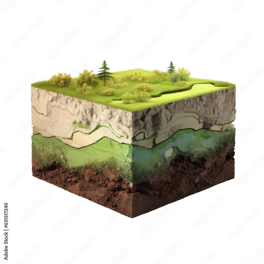 A cutaway terrain surface reveals a cubical cross section with a layer ...