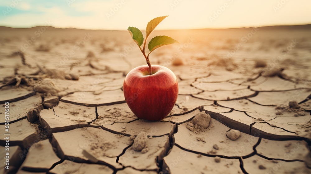 An apple on a dry and cracked desert soil. Food insecurity, water ...