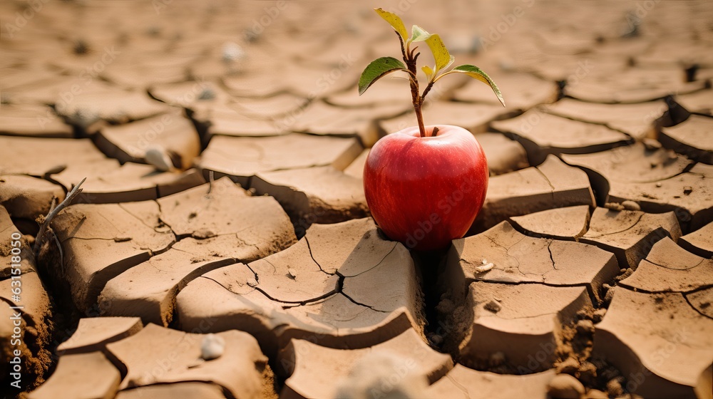An apple on a dry and cracked desert soil. Food insecurity, water ...