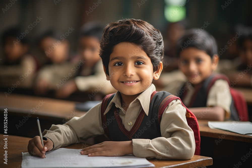 Indian asian school kids in uniform studying hard from books in the ...