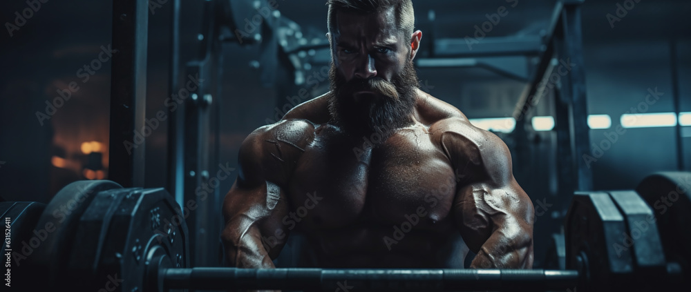 Bodybuilder performing workouts in a gym. Gym background. Stock Photo ...