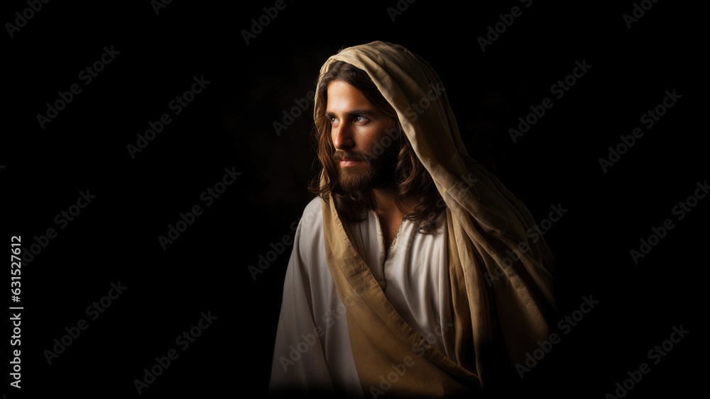 Realistic portrait of Jesus Christ on dark background Stock Photo ...