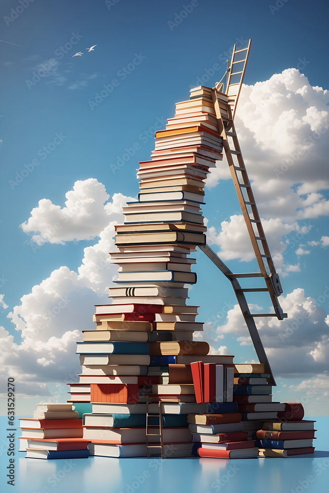Ladder going on top of huge stack of books. Education and growth ...
