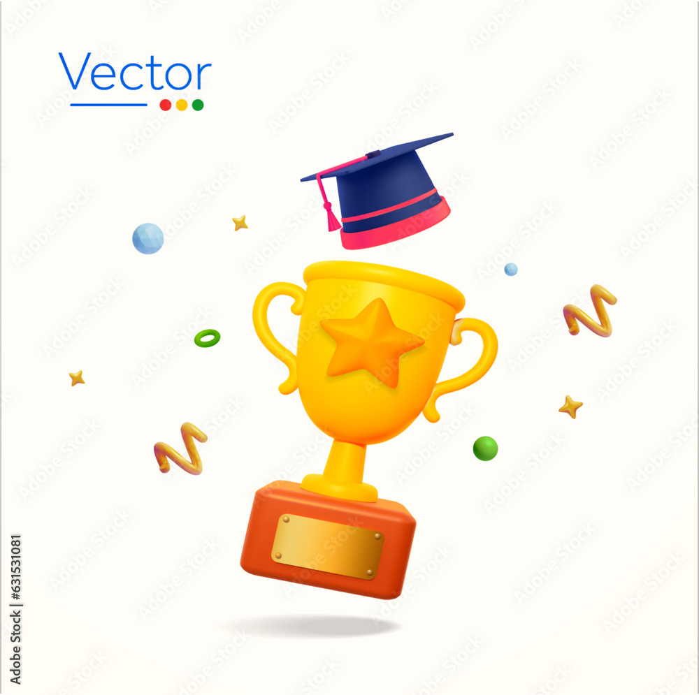 3d golden trophy with star icon, graduation cap or hat, confetti effect ...