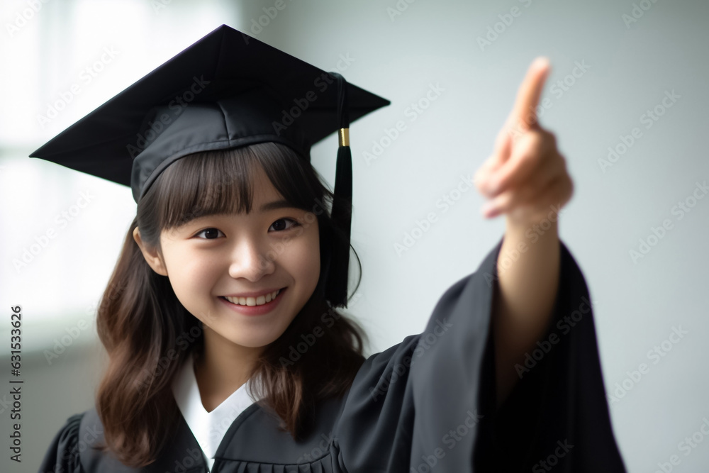Young happy woman university graduate in graduation gown and cap in ...