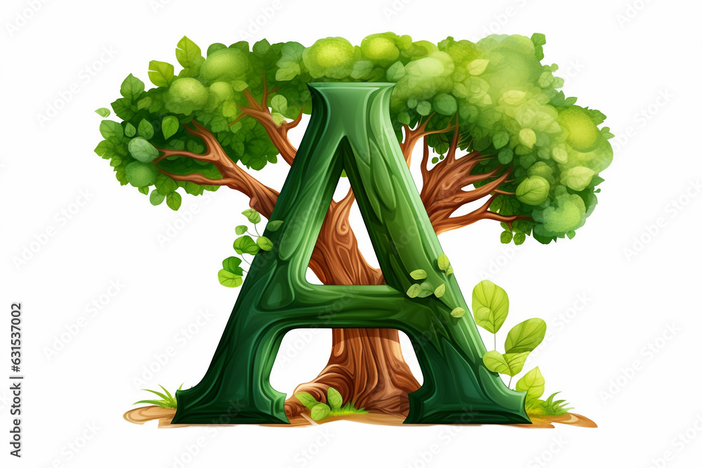 Organic tree font, alphabet letter A with green leaves isolated on ...