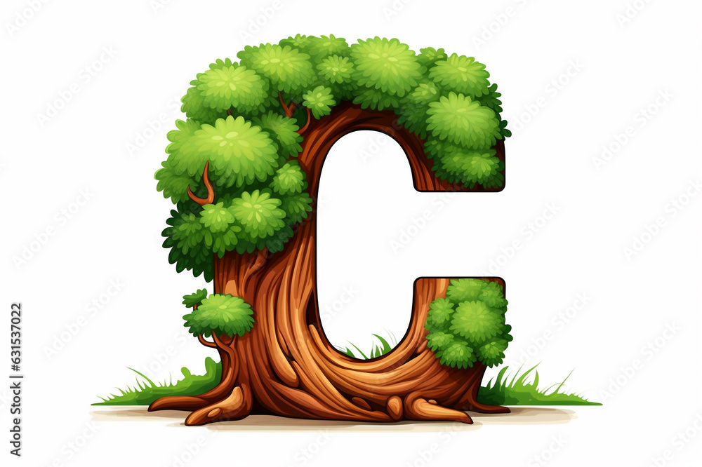 Organic tree font, alphabet letter C with green leaves isolated on ...