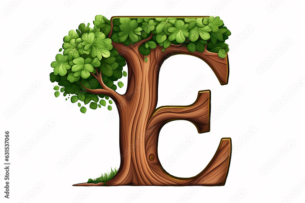 Organic tree font, alphabet letter E with green leaves isolated on ...