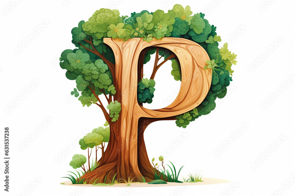 Organic tree font, alphabet letter P with green leaves isolated on ...