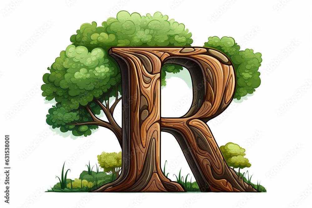 Organic tree font, alphabet letter R with green leaves isolated on ...