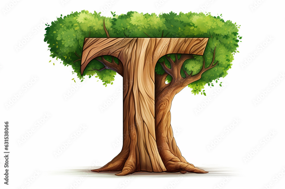 Organic tree font, alphabet letter T with green leaves isolated on ...