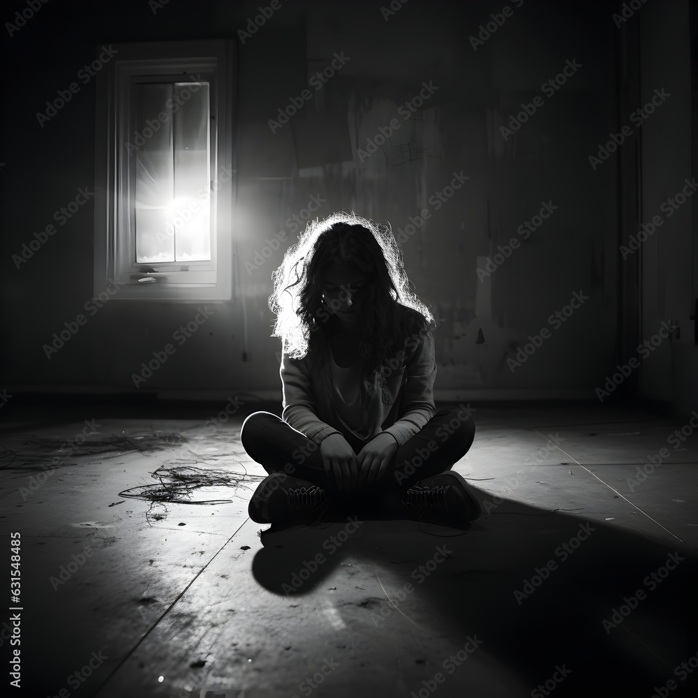 Sad girl sitting on the floor in a dark room, representing depression ...