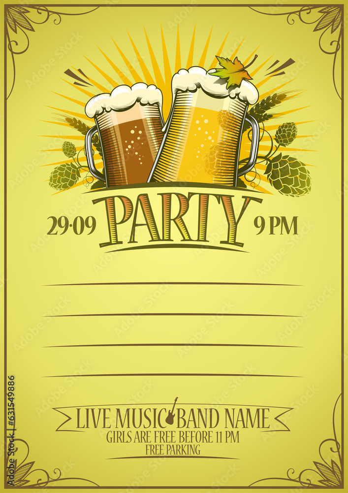 Party poster menu, invitation of flyer design template with glasses of ...
