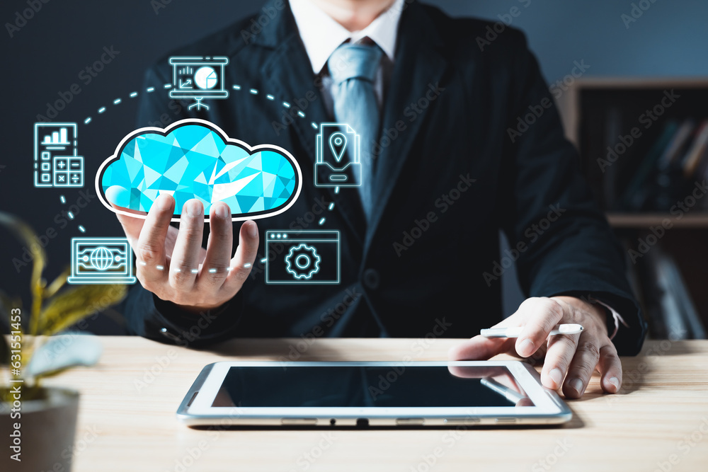 man holding icon cloud computing diagram show on hand. Data storage.Cloud technology.Secure ...