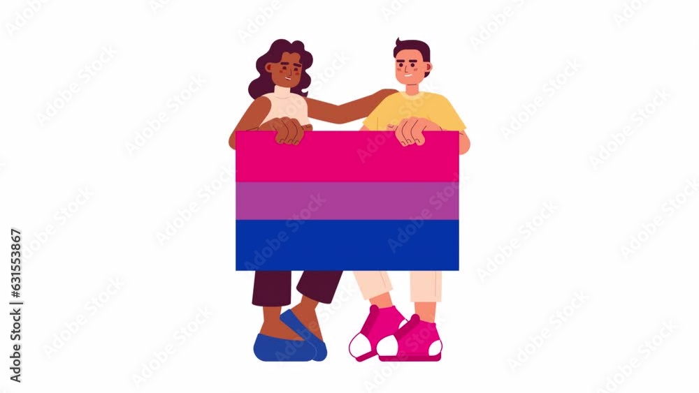 Bisexual pride flag 2D animation. Black woman and caucasian man holding ...