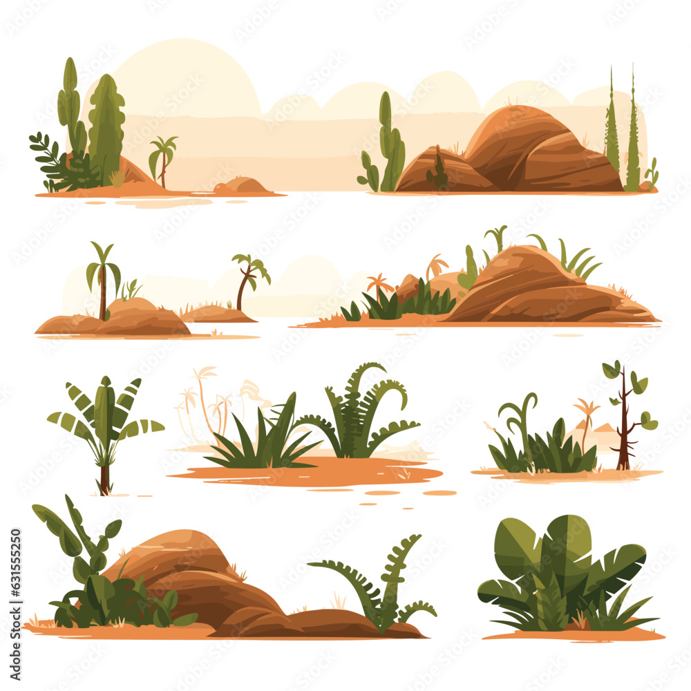 Vector set features a desert landscape with various rocky formations ...