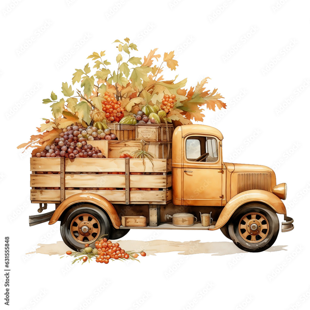 Vintage Fall Watercolor Clipart, Autumn Farm Truck Illustration, made ...
