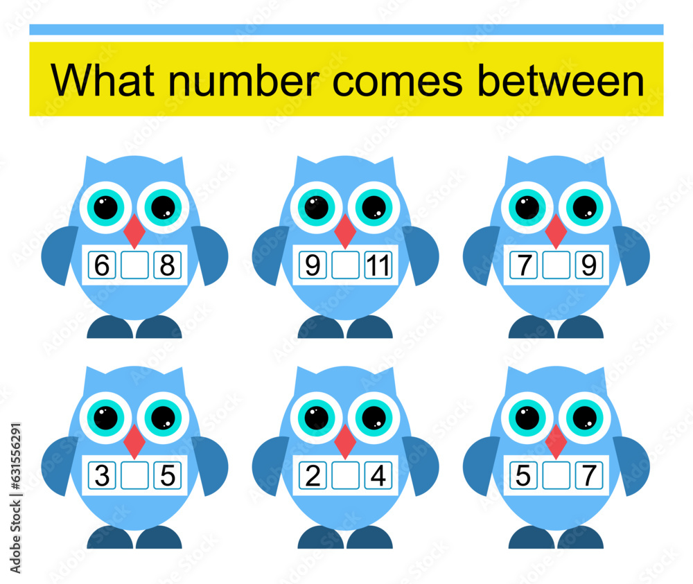 What number comes between? Math worksheets for children. Cartoon owl ...
