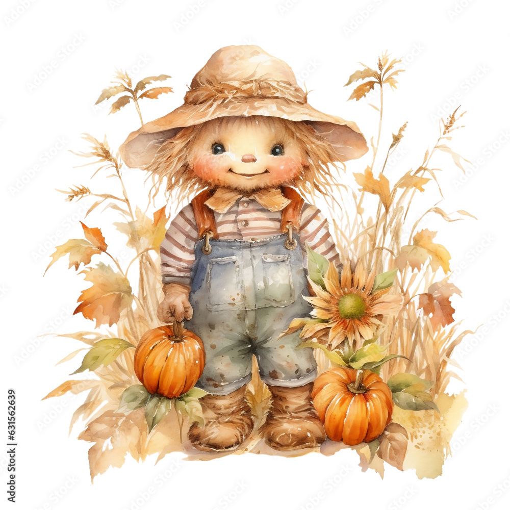 Cute Scarecrow Clipart Watercolor, Fall Scarecrow Illustration, Autumn ...
