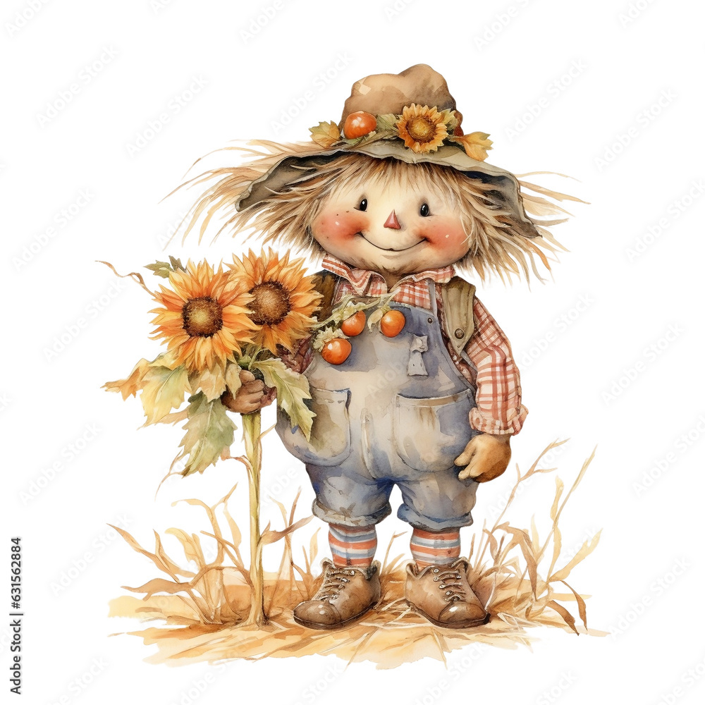 Cute Scarecrow Clipart Watercolor, Fall Scarecrow Illustration, Autumn ...