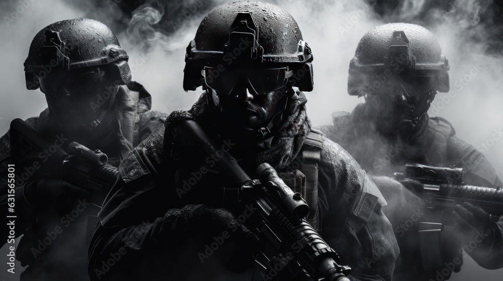 Three soldiers in full combat gear standing together with carrying guns ...