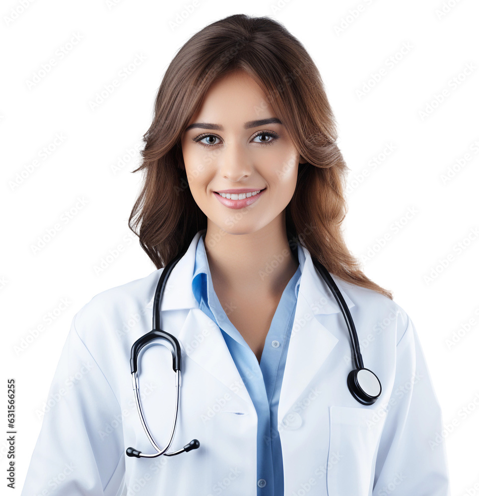 Smiling female doctor with dark hair in a blue shirt and white coat ...