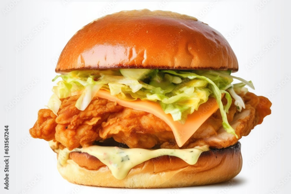 Chicken burger with fried chicken patty, cheddar cheese slice, coleslaw ...